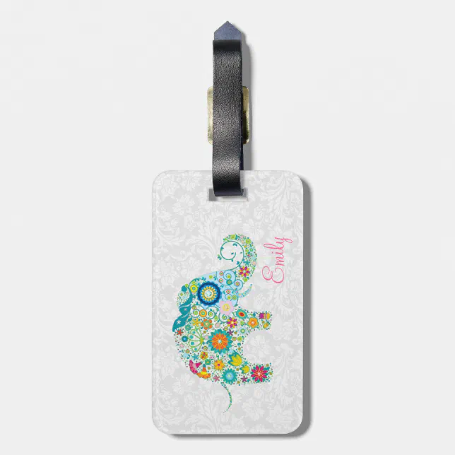 Colorful Retro Floral Elephant White Damasks Luggage Tag | Zazzle