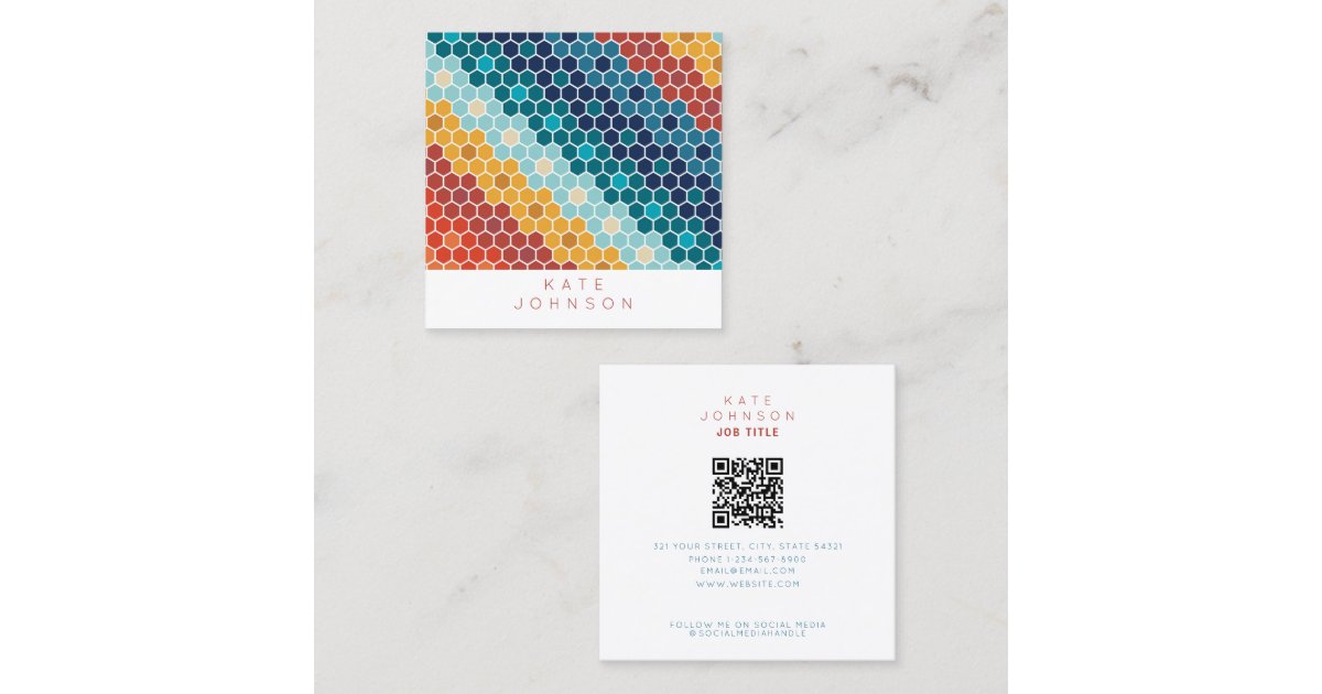 Colorful Retro Floral Mosaic Hexagon QR Code Square Business Card | Zazzle