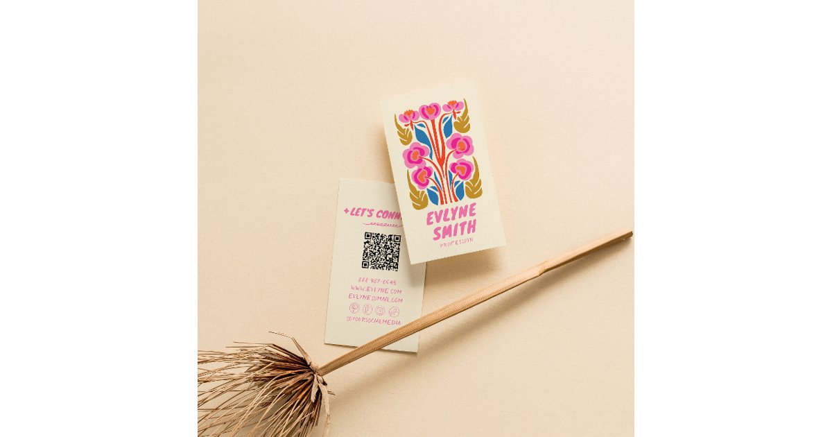 Colorful Retro Hand Drawn QR Code Floral Girly Business Card | Zazzle