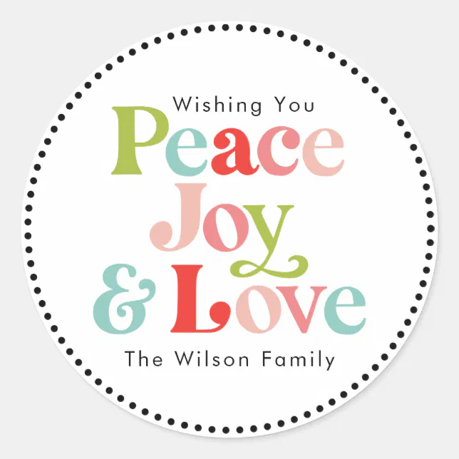 Colorful Retro Peace Joy & Love Christmas Family Classic Round Sticker ...