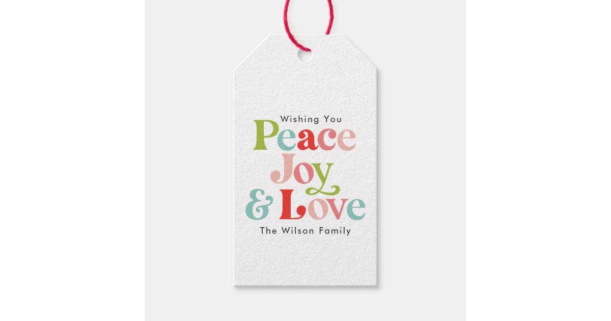 Colorful Retro Peace Joy & Love Christmas Family Gift Tags | Zazzle