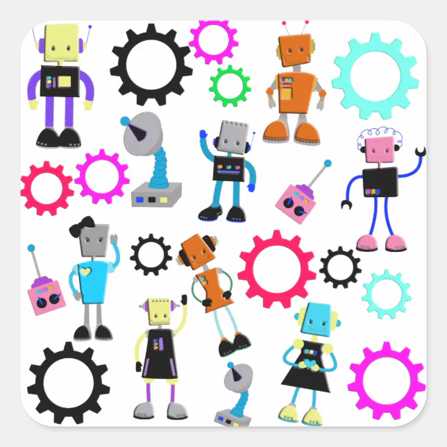 Colorful Retro Robots Square Sticker | Zazzle