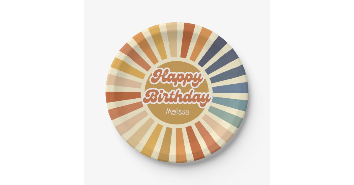 Colorful Retro Sun Groovy Wave Happy Birthday Paper Plates | Zazzle
