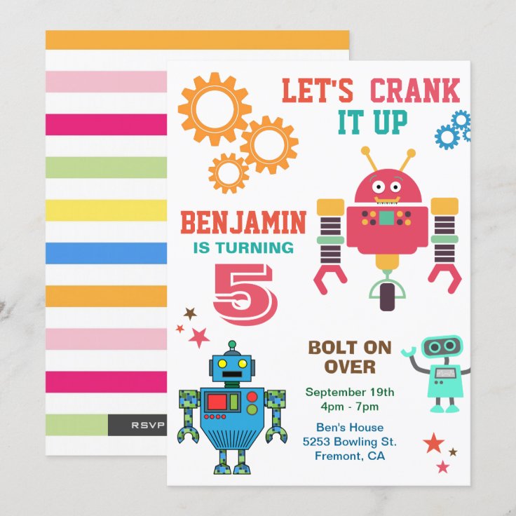 Colorful Robots Kids Birthday Party Invitation | Zazzle
