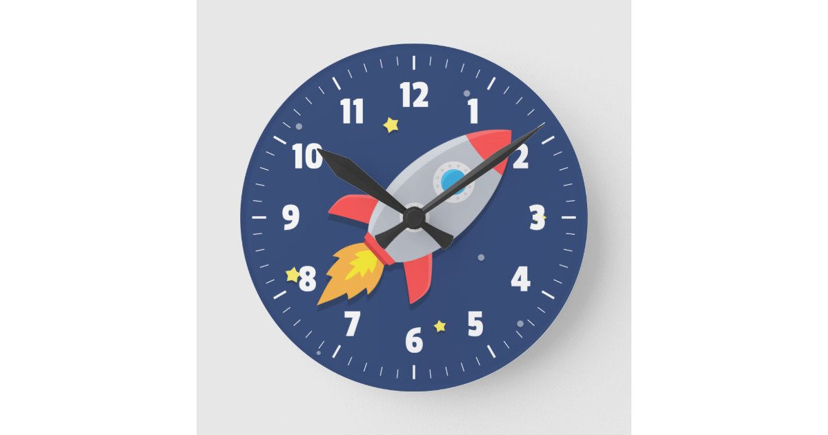 Colorful Rocket Ship, Outer Space, For Kids Room Round Clock | Zazzle