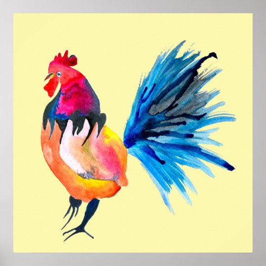 Colorful rooster watercolor animal poster | Zazzle.com