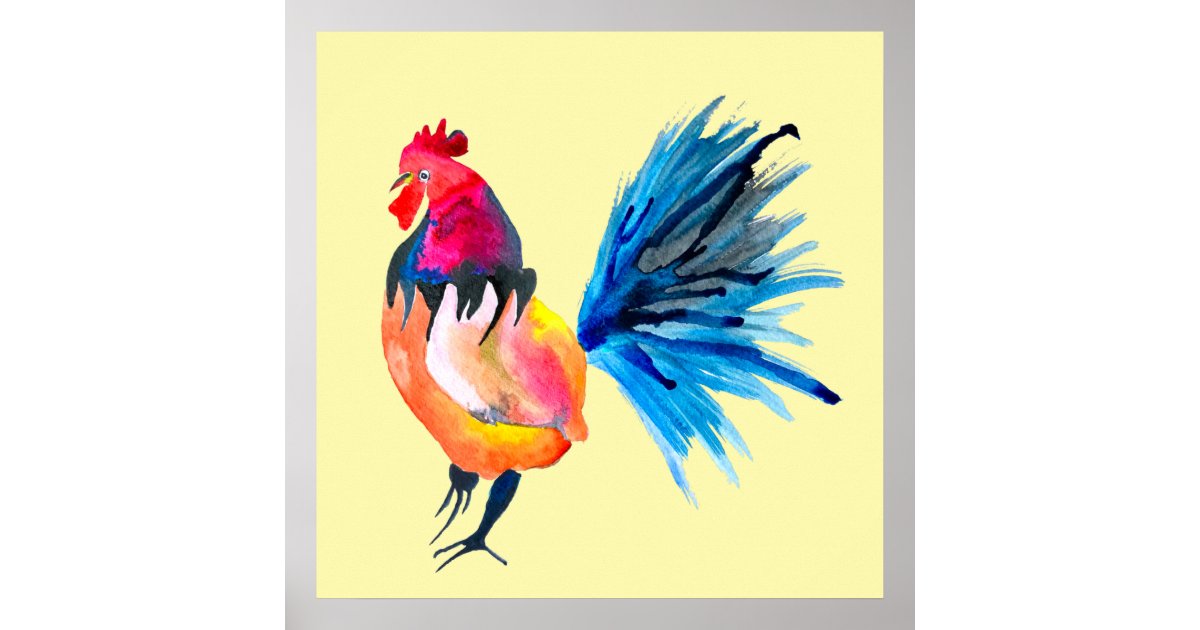 Colorful rooster watercolor animal poster | Zazzle
