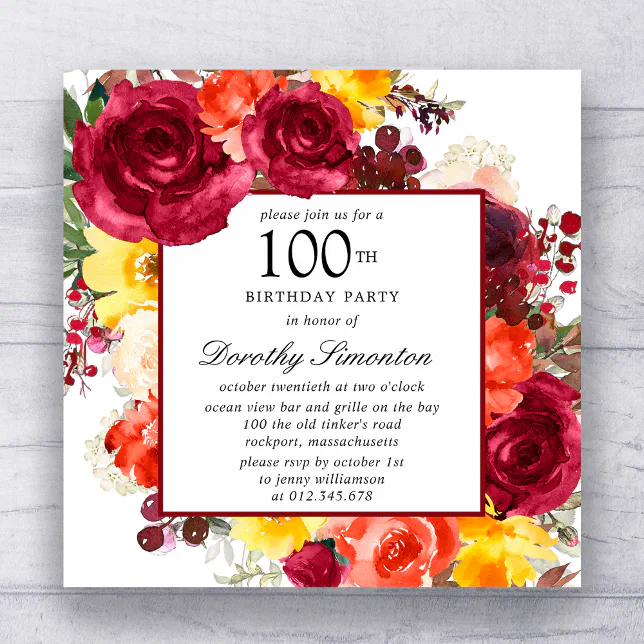 Colorful Rose Floral 100th Birthday Party Invitation Zazzle