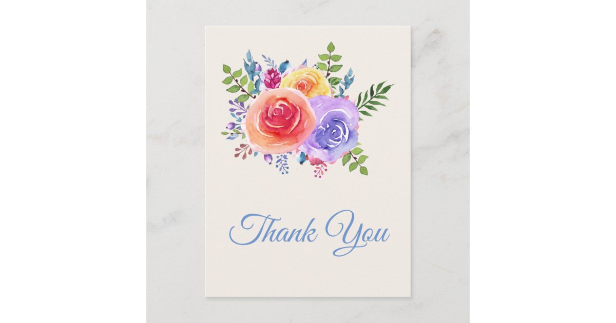 Colorful Roses Watercolor Floral Thank You Postcard | Zazzle
