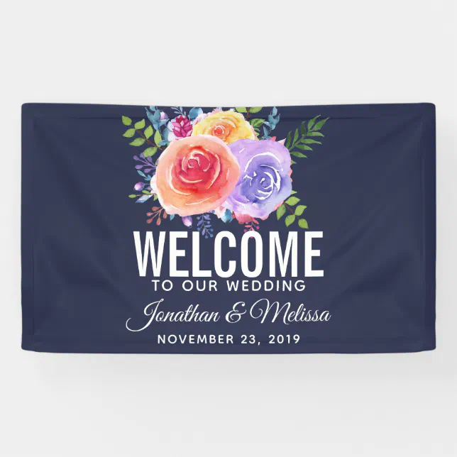 Colorful Roses Watercolor Floral Wedding Welcome Banner | Zazzle