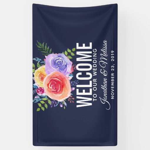 Colorful Roses Watercolor Floral Wedding Welcome Banner | Zazzle