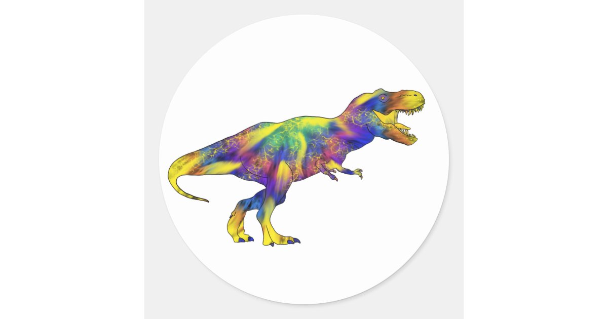 Colorful Running T Rex Psychedelic Dinosaur Art Classic Round Sticker ...