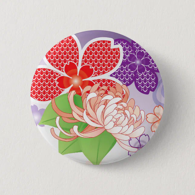 Colorful Sakura and Dahlia Kimono :: Pinback Button | Zazzle