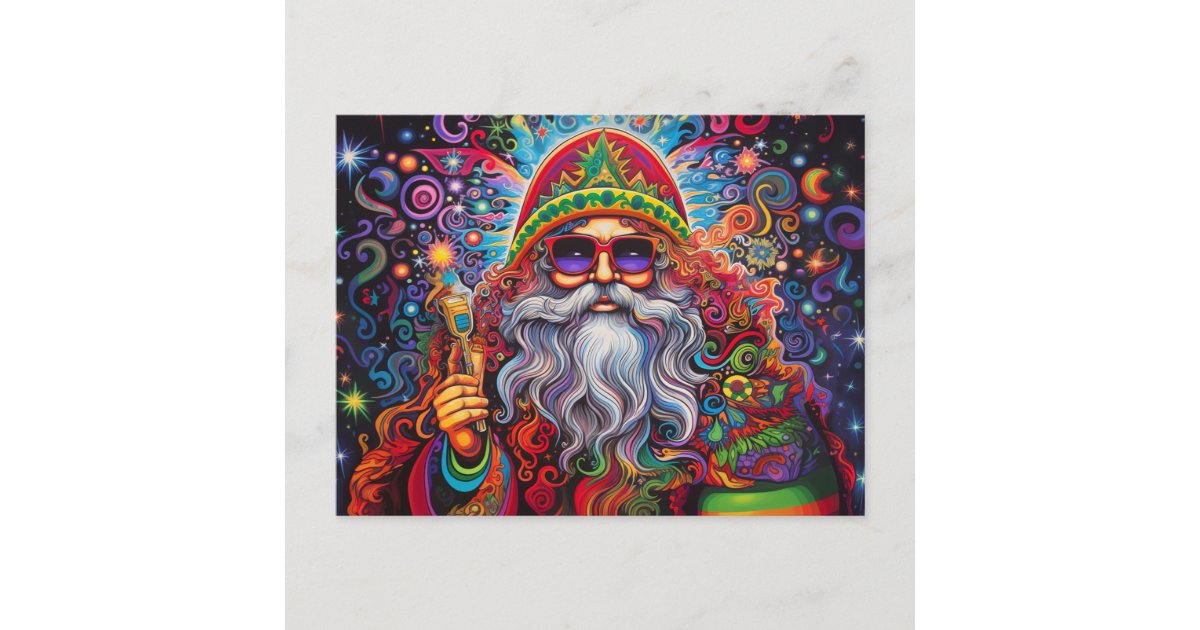 Colorful Santa Claus Hippy Art Postcard | Zazzle