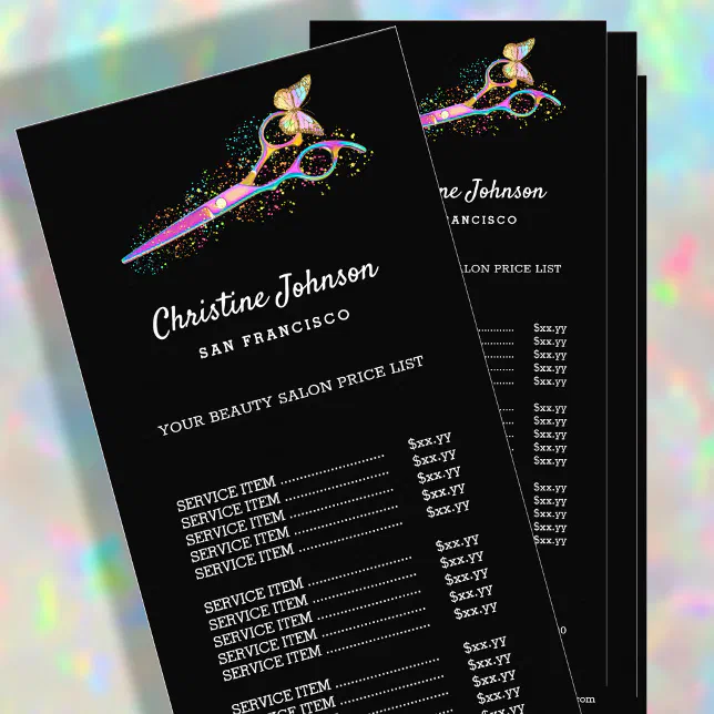 colorful scissors hair stylist black price list rack card | Zazzle