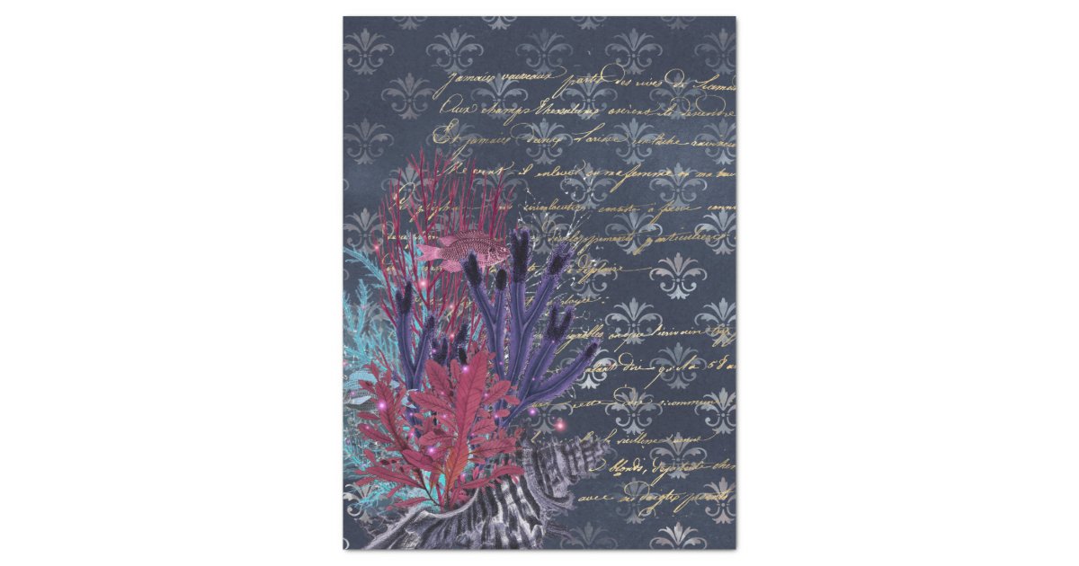 Colorful Seaweed and Fish on Blue Decoupage Tissue Paper | Zazzle