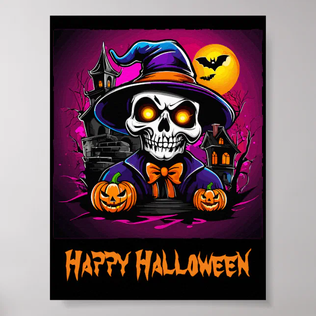 Colorful Skeleton Halloween Cartoon Pumpkin Poster | Zazzle