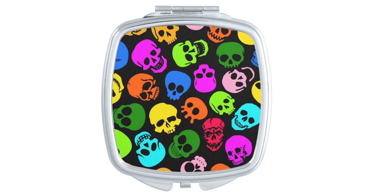 Colorful Skulls pattern in black Makeup Mirror | Zazzle