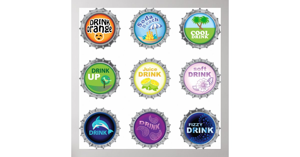 Colorful Soda Bottle Caps Poster | Zazzle