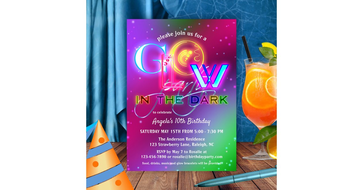 Colorful Sparkling Glow in the Dark Birthday Invitation | Zazzle