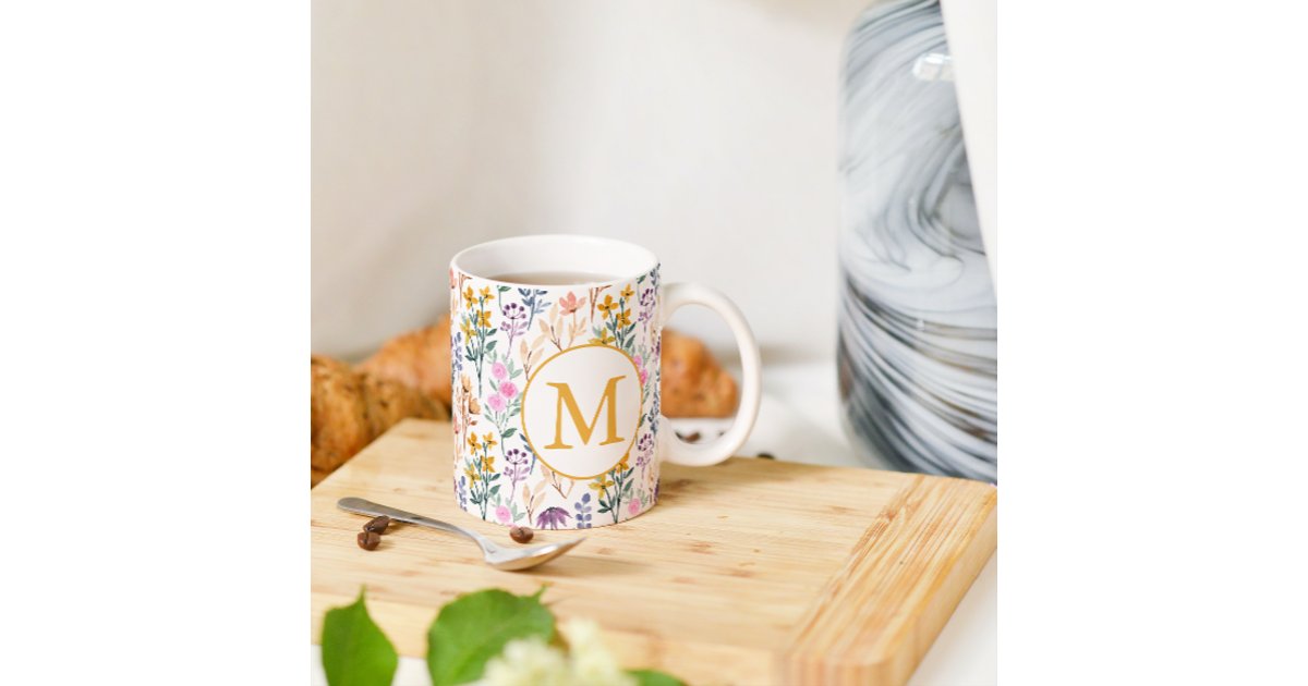 Colorful Spring Flower Watercolor Pattern Monogram Coffee Mug | Zazzle