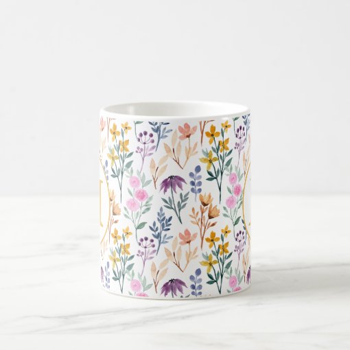 Colorful Spring Flower Watercolor Pattern Monogram Coffee Mug | Zazzle