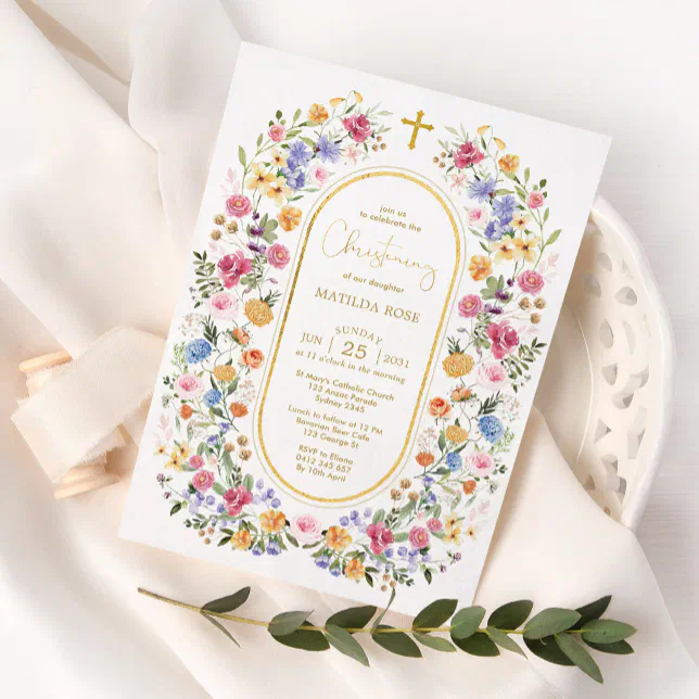 Colorful Spring Garden Flowers Christening Invitation | Zazzle