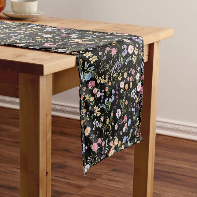 Colorful Spring Wildflower Meadow Garden Black Short Table Runner | Zazzle