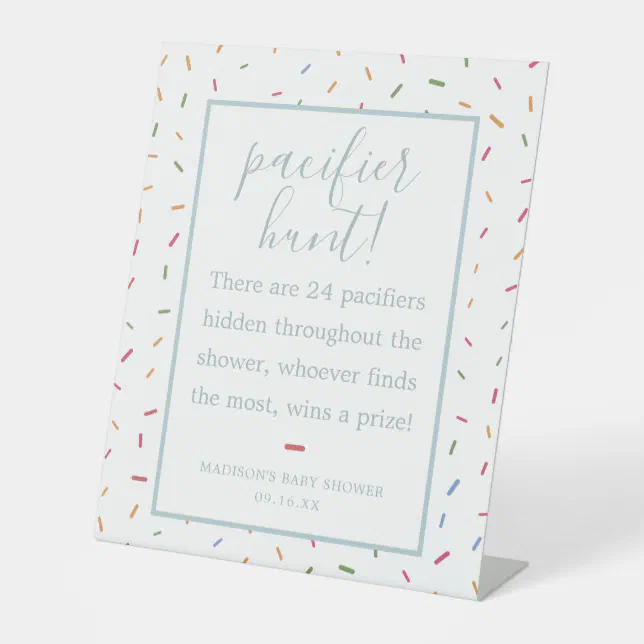 Colorful Sprinkles Baby Shower Pacifier Hunt Game Pedestal Sign | Zazzle
