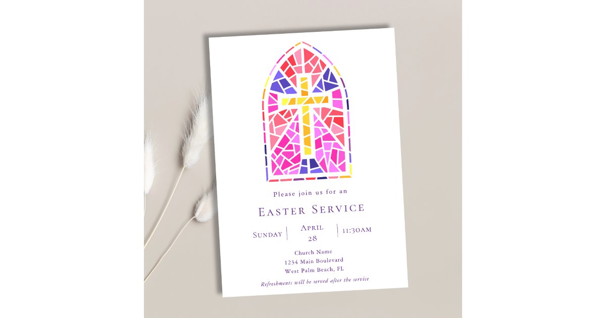Colorful Stained Glass Cross Church Easter Service Invitation | Zazzle