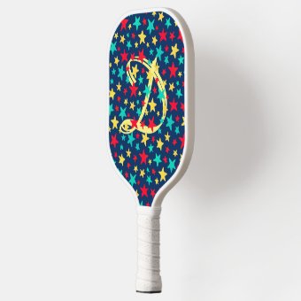 Colorful Star Modern Elegant Navy Blue Monogram Pickleball Paddle | Zazzle
