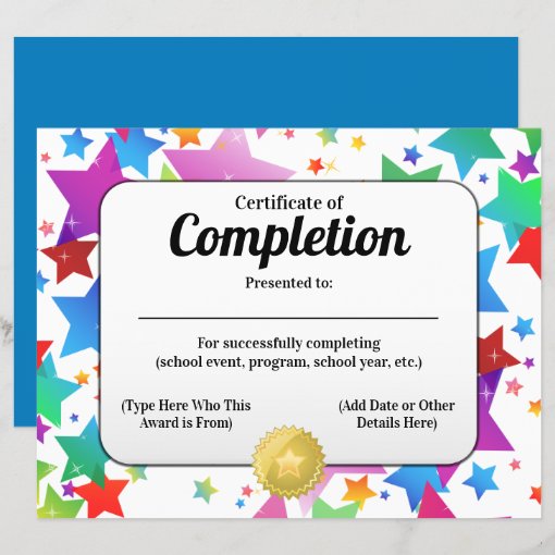 Colorful Stars Certificate of Completion 8.5x11 | Zazzle