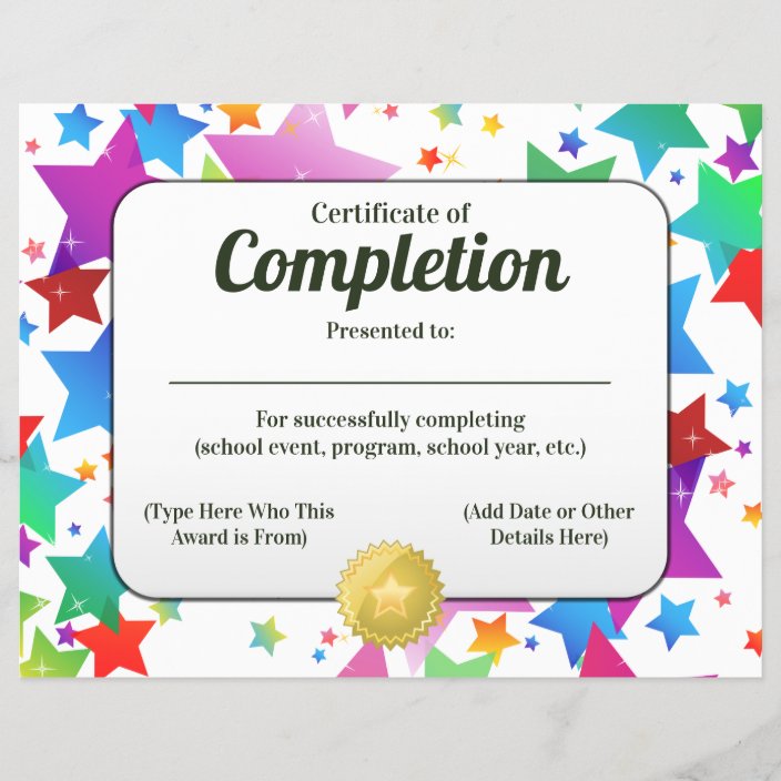Colorful Stars Certificate of Completion 8.5x11 | Zazzle.com