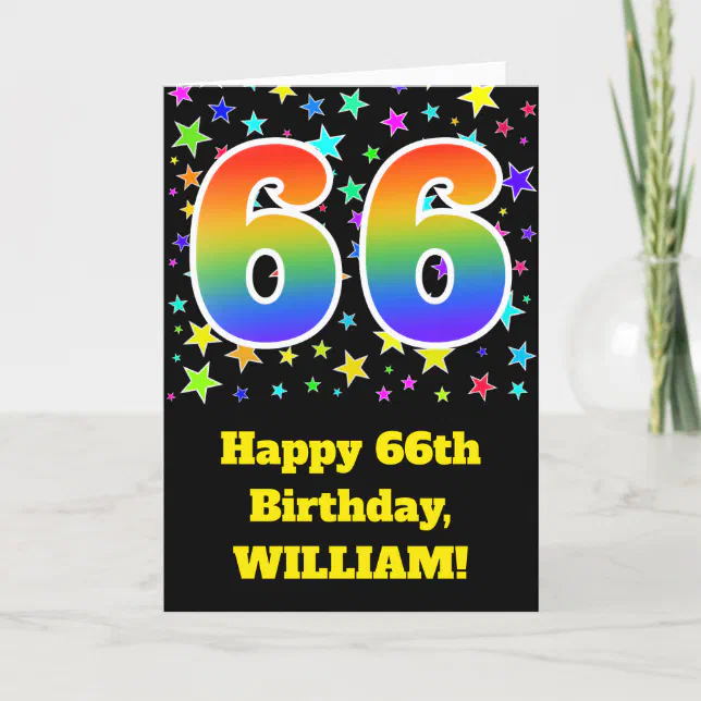 Colorful Stars + Rainbow Pattern "66" Birthday # Card | Zazzle