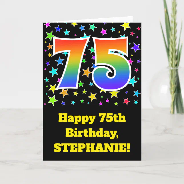 Colorful Stars + Rainbow Pattern "75" Birthday # Card | Zazzle
