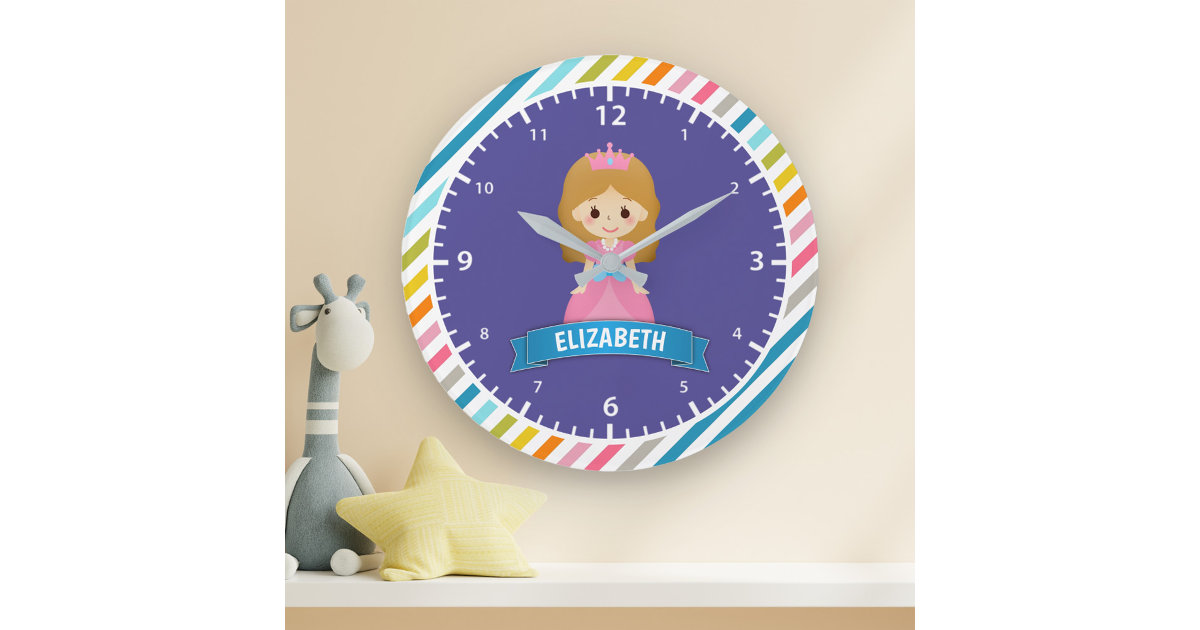 Colorful Stripes Cute Princess Kids Girls Bedroom Large Clock | Zazzle