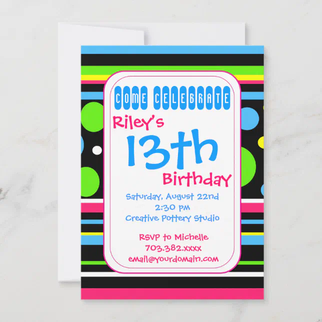 Colorful Stripes Polka Dots Birthday Invitations | Zazzle
