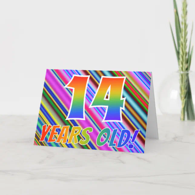 Colorful Stripes + Rainbow Pattern "14 years old!" Card | Zazzle