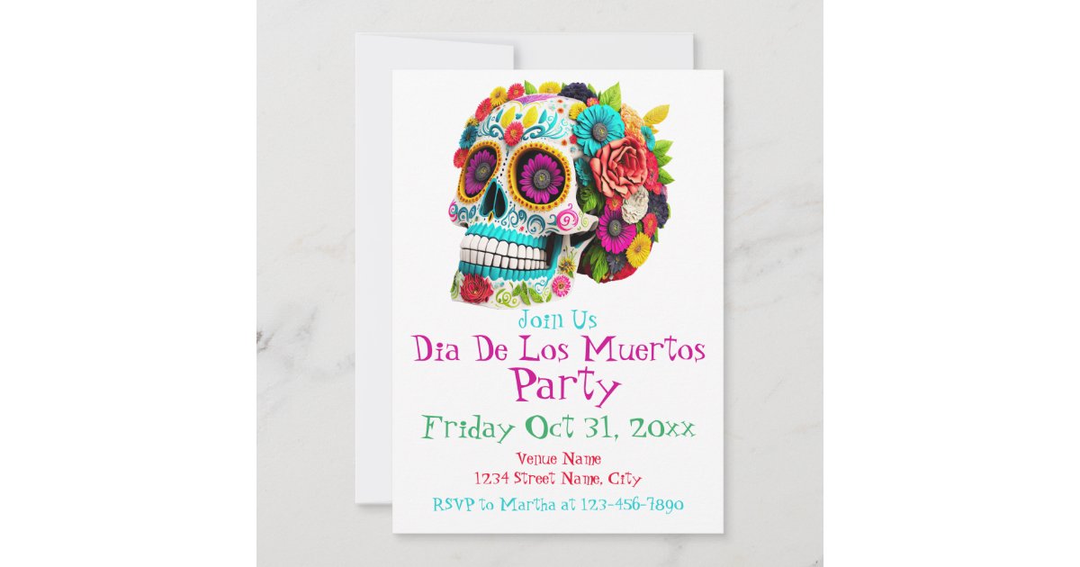 Colorful Sugar Skull Day of the Dead Calaveras Invitation | Zazzle