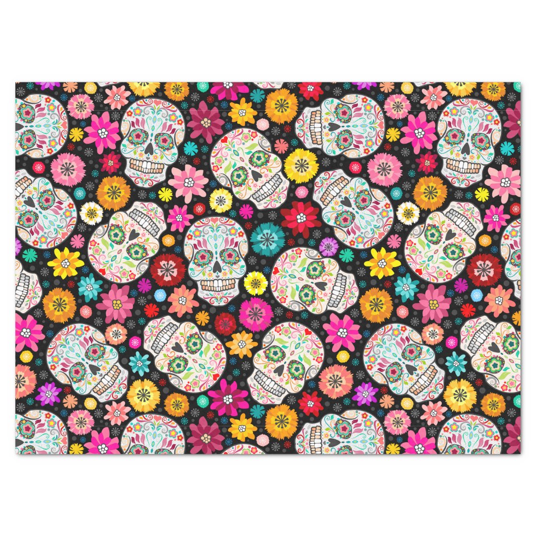 Colorful Sugar Skulls Flowers Fiesta Black Tissue Paper | Zazzle