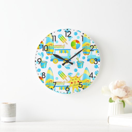 Colorful Summer and Beach Fun Monogrammed Pattern Large Clock | Zazzle