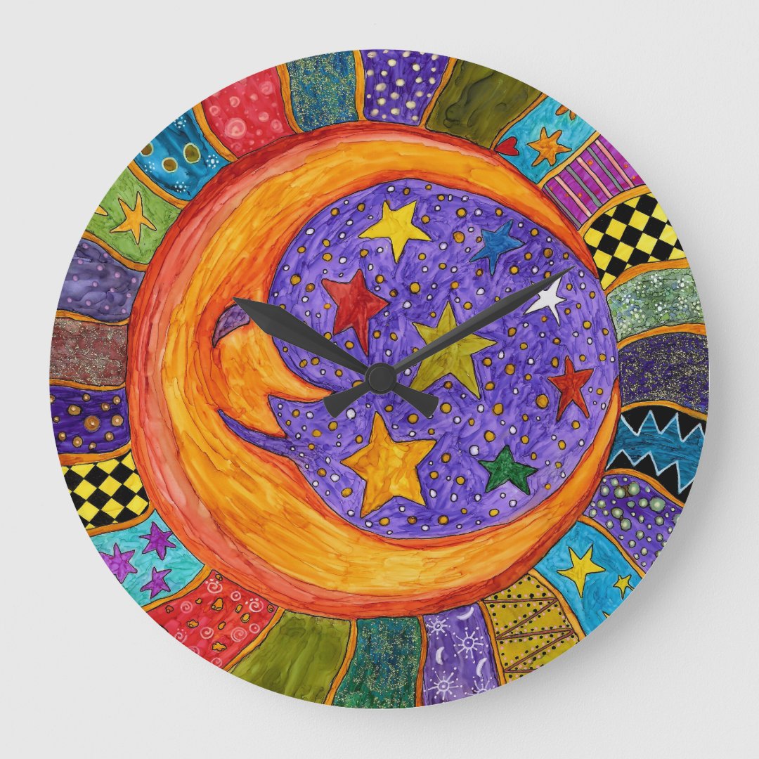 Colorful Sun, Moon and Stars Clock | Zazzle