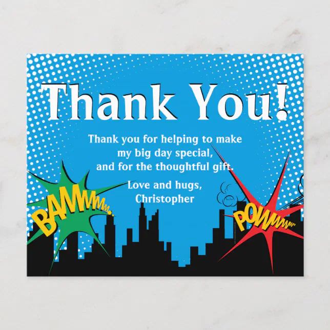 Colorful Superhero Comic Boy's Birthday Thank You | Zazzle