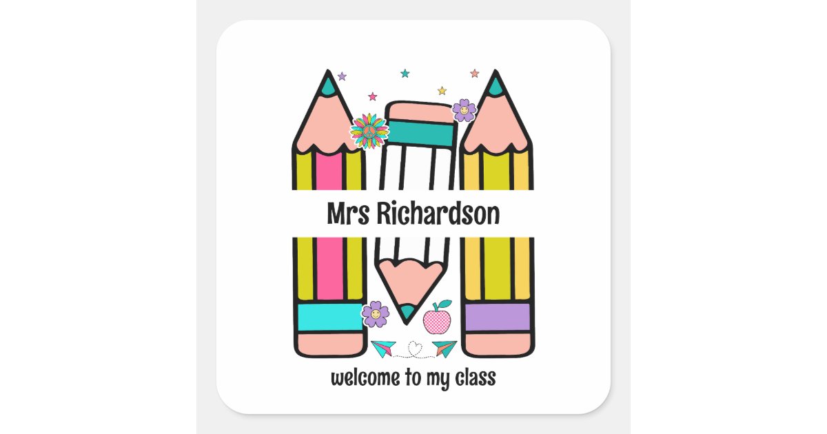 Colorful teacher name pencil cartoon Sticker | Zazzle