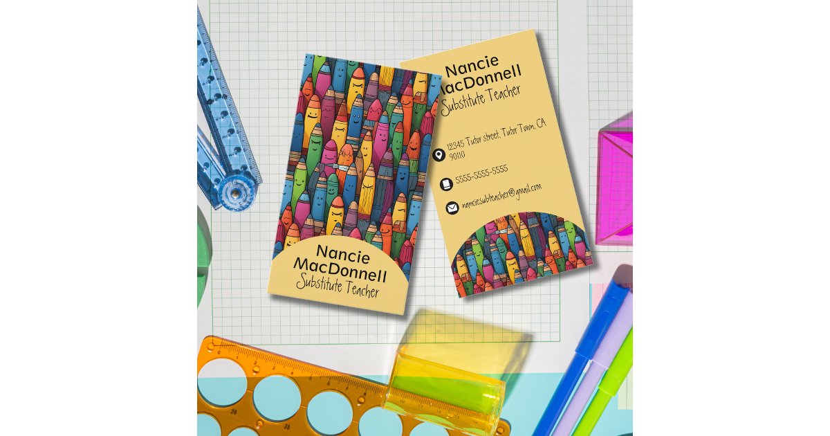 Colorful Teacher Tutoring Crayon Pattern Business Card | Zazzle