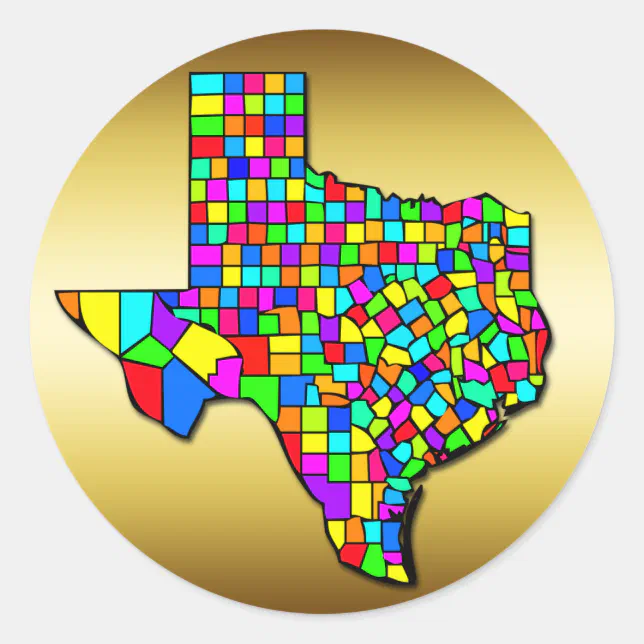 COLORFUL TEXAS COUNTIES MAP CLASSIC ROUND STICKER | Zazzle