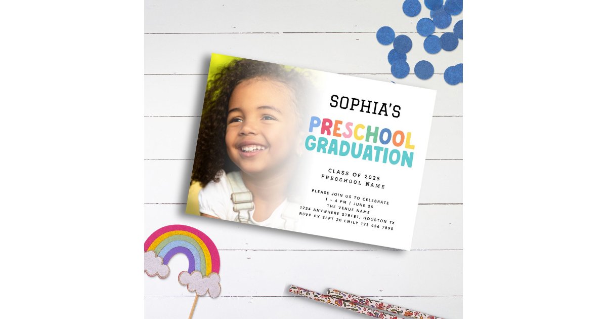 Colorful Text Photo Overlay Preschool Graduation Invitation | Zazzle Colorful Text Photo Overlay Preschool Graduation Invitation | Zazzle