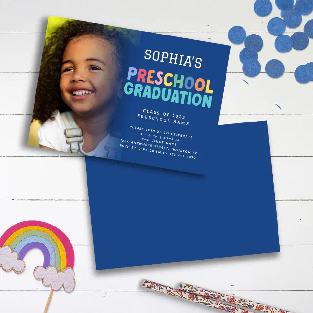 Colorful Text Photo Preschool Graduation Blue Invitation | Zazzle