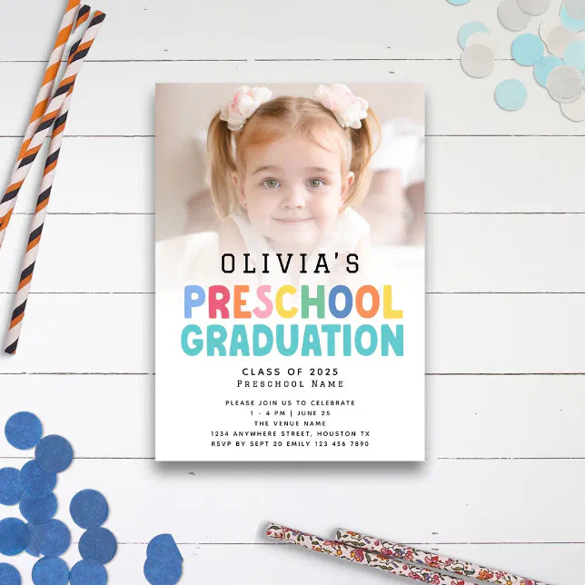 Colorful Text Photo Preschool Graduation Invitation | Zazzle