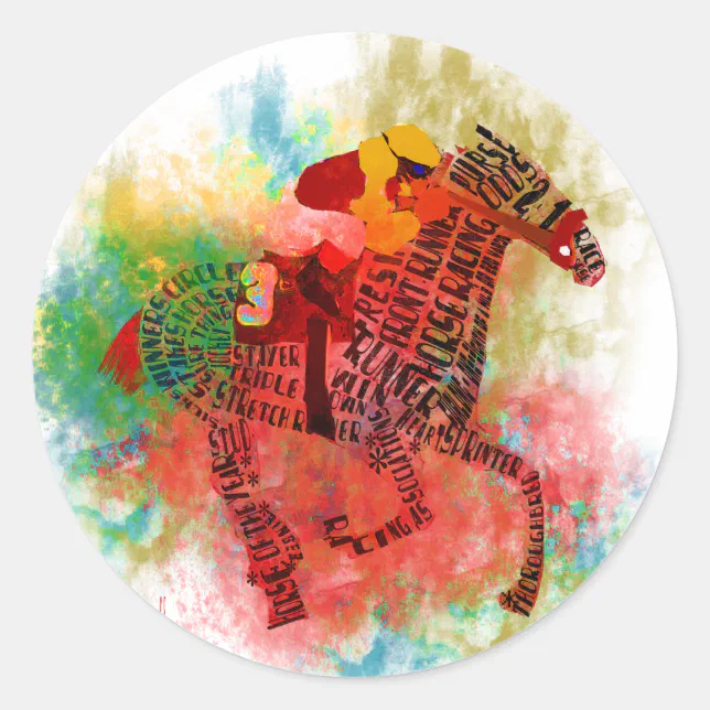 Colorful Thoroughbred in Typography Classic Round Sticker | Zazzle